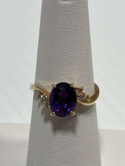 Marked 14KP gold ring with diamonds and purple amethyst, size 6 1/2, 14 ...