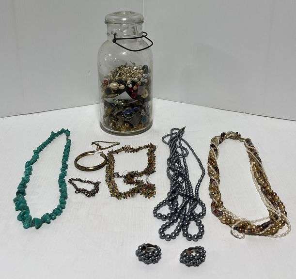 Large glass lid with metal harp, mason jar filled with untested costume ...
