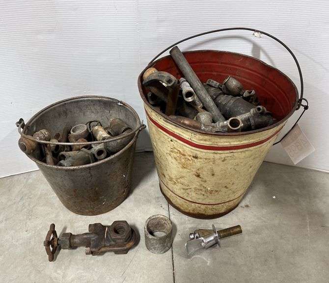 (2) Metal buckets full of mostly pipe fittings, some copper and brass ...