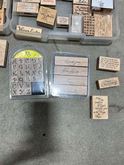 (2) Boxes of Stampin Up all wood stamps, plastic boxes- 14" x 14" x 3 ...
