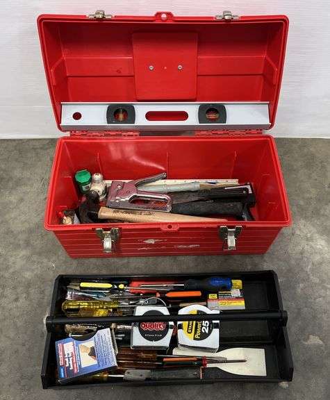 Red tool box with tools, 18"W x 9"D x 9"H, good - Albrecht Auction Service