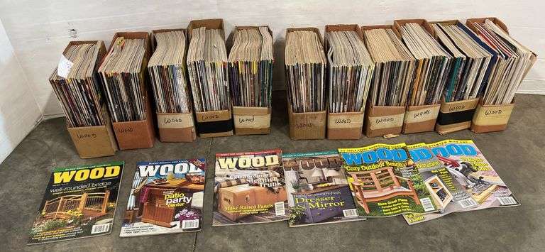 Over (250) Wood magazines, 4" x 9" x 12", good, 11 book boxes ...