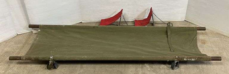 Military Medical Cot and (2) Folding metal stools for camping/hunting ...