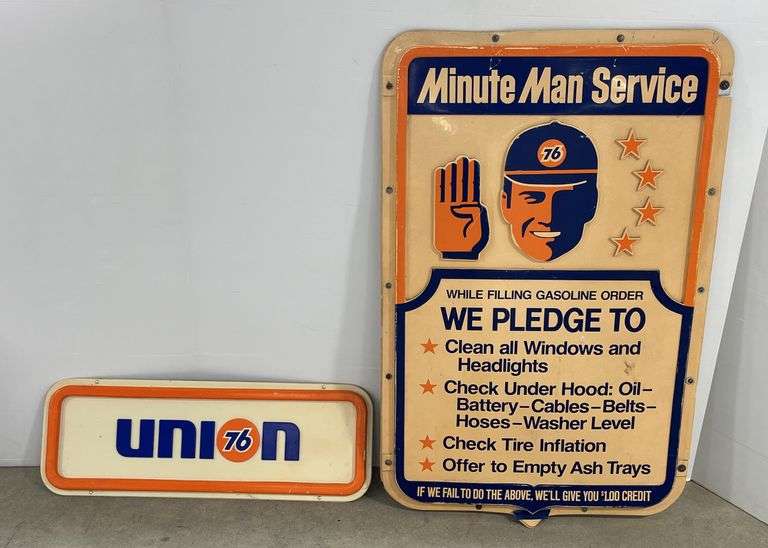 (2) Old plastic "Union 76" signs, include: Large sign, 44" x 29", has ...
