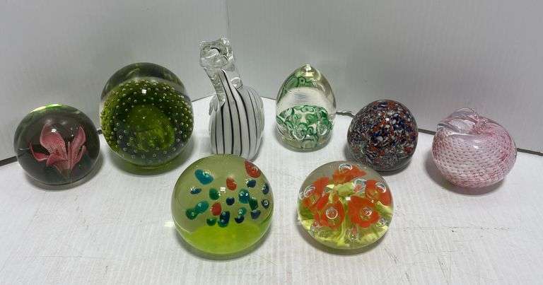 (8) Art glass paperweights/figurines, include: Clear glass oval ...