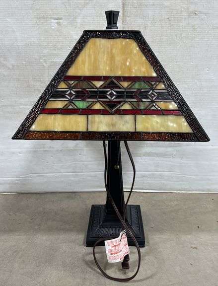 Stained glass lamp, base- 24"H, shade- 15" x 15" x 9"H, new - Albrecht ...
