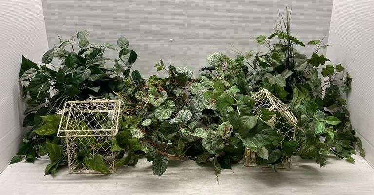 Greenery, includes: (2) Hanging baskets with greenery, (2) White wire ...