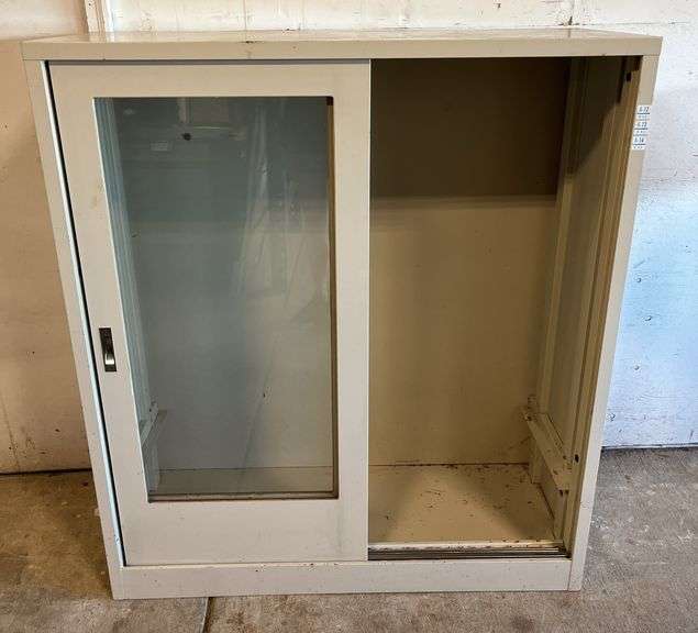 Metal storage box with two front sliding glass doors, 43"W x 18"D x 49 ...