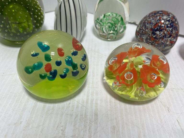 (8) Art glass paperweights/figurines, include: Clear glass oval ...