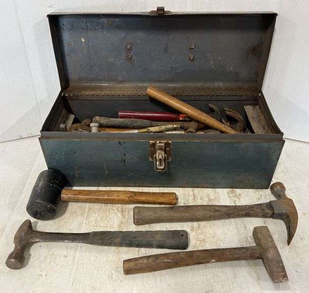 Tool box full of assorted hammers, box- 19"W, some very good, some ...