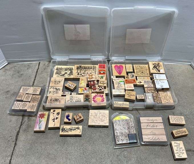 (2) Boxes of Stampin Up all wood stamps, plastic boxes- 14" x 14" x 3 ...