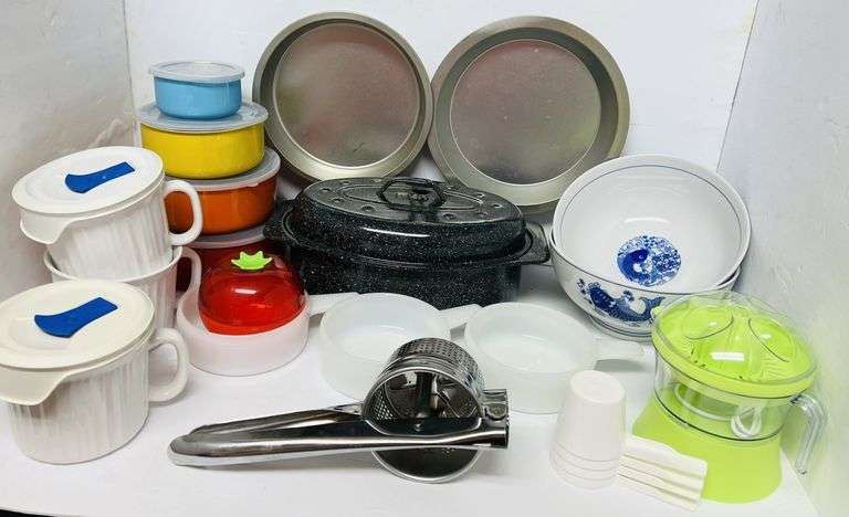 Oval blue speckled enamel covered roaster, (3) Milk white ovenware ...