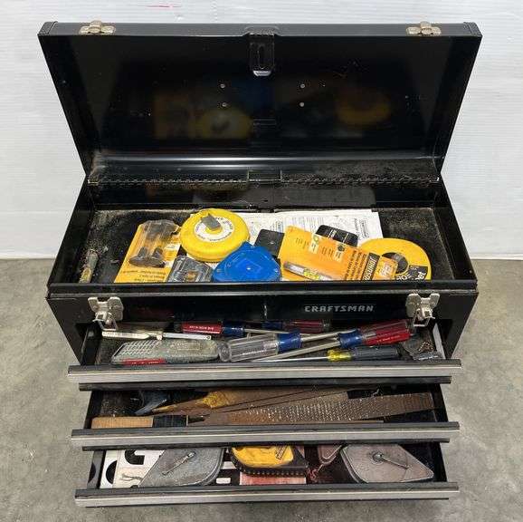 Craftsman three-drawer tool box with top filled with Craftsman ...