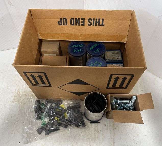 Box of assorted metric bolts, nuts, spring pins, and lock washers, all ...