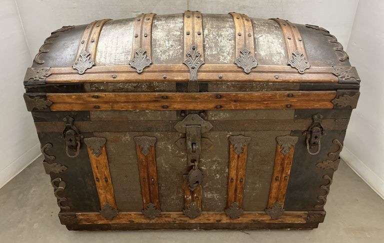 Older trunk with wall racks inside, 32"L x 19"W x 24"H, heavy wear ...