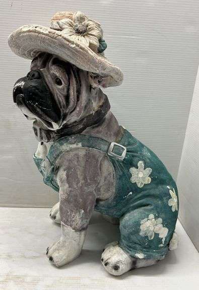 Yard decor large Bulldog statue with overalls and hat, clay/plaster, 9 ...