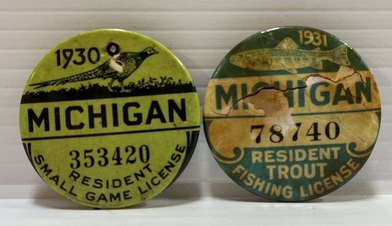 (2) Vintage Michigan Hunting and Fishing License, includes: 1930 Small ...