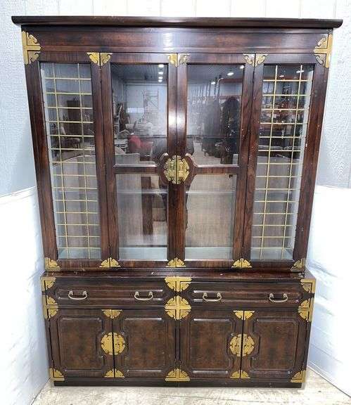 Bernhardt wooden brown and gold china cabinet, two-piece, 61"W x 17"D x ...