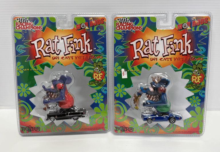 (2) Rat Fink die-cast models with figures, Big Daddy Roth, Ed ROth Rat Finks, 20 years old, NIB ...