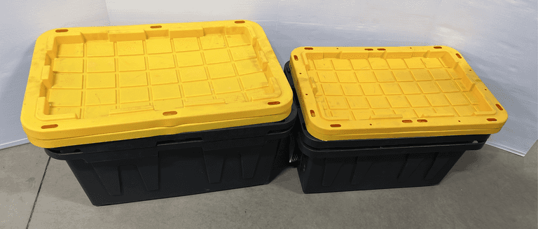 (4) Matching yellow top totes, Two- 17-gallon, Two- 27-gallon, clean ...