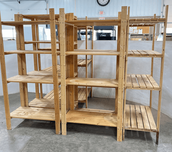 (7) Wood shelf units, includes: Five- 31"W x 16"D x 64"H; Two- 59"W x ...