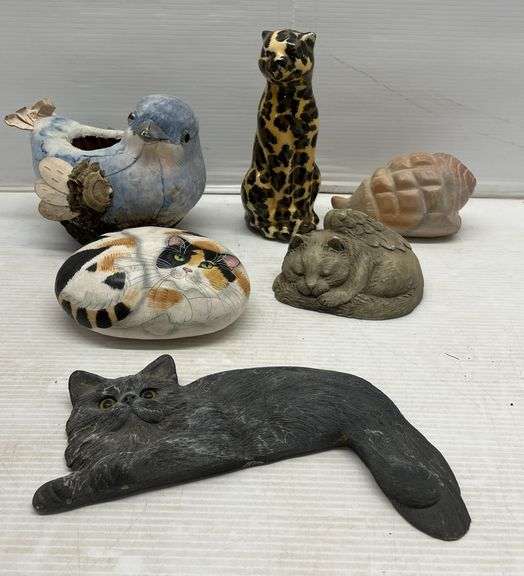 (6) Figurines, include: Cat sleeping key holder, leopard, top of window ...