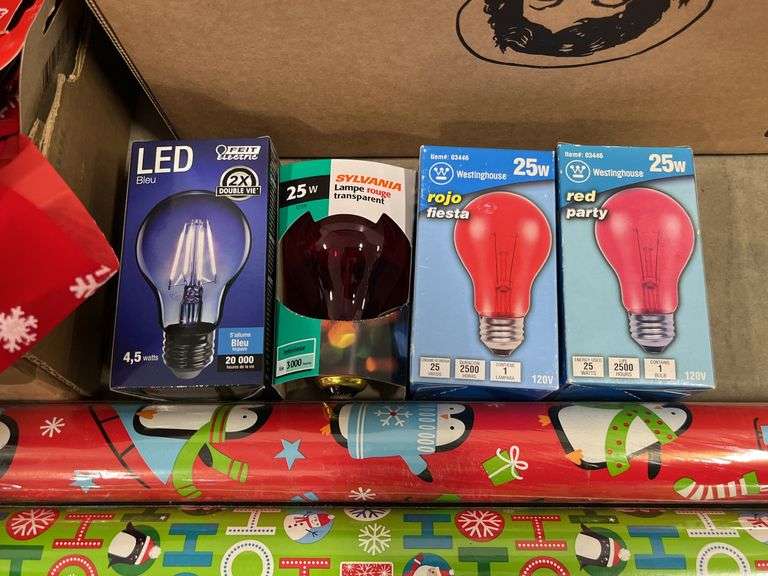 (4) 75'L Holiday Gift Wrap, mostly red 25W light bulbs, and assortment ...