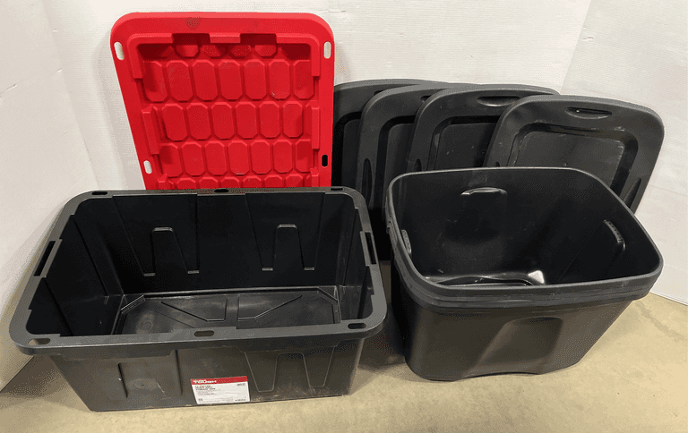 (5) Black totes, includes: Four- 18-gallons, and One- 27-gallon, up to ...