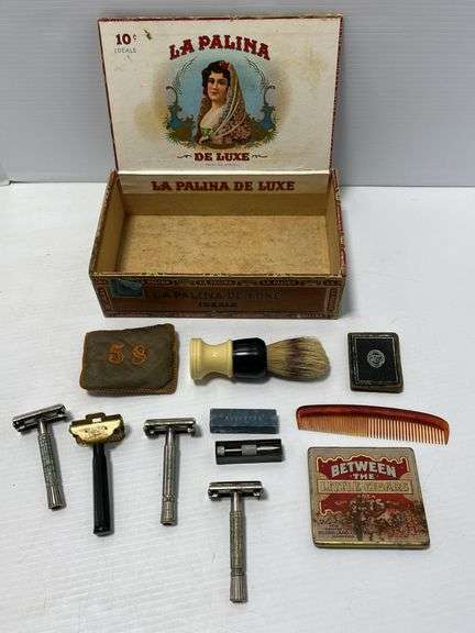 Antique men's grooming items, include: Antique brass Gem Junior single ...