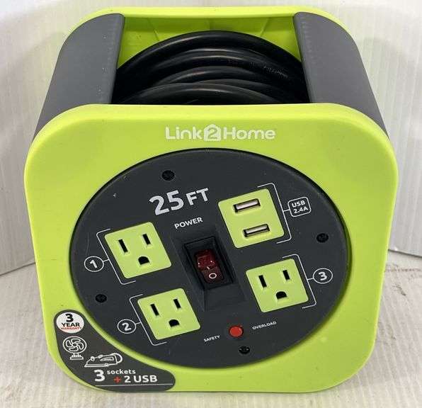 Link-2-Home power junction box, has three plugs, two USBs, and ...