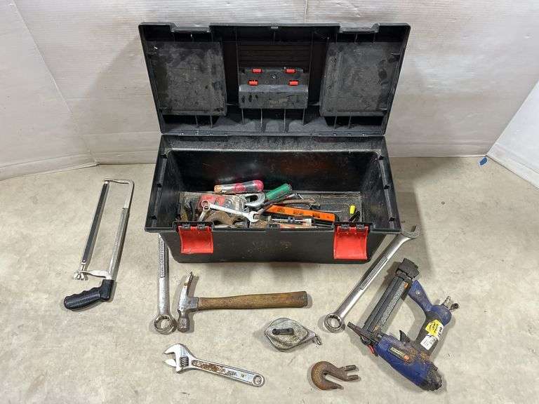 Large plastic toolbox with tools, 22 1/2"W x 10"D x 12"H, good ...