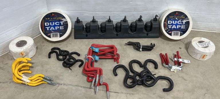 (4) Rolls of sealed duct tape, Garage hooks and wall mount hook with ...