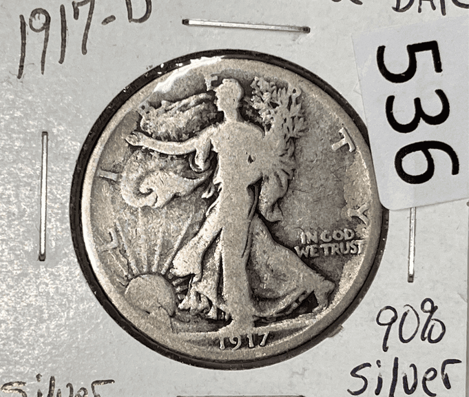 1917-D Walking liberty silver half dollar, scarce date, 90% silver, ex-nice shape - Albrecht ...
