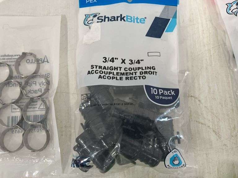 (7) Bags of Shark bite pex, assorted; Pack of Apollo stainless pinch ...