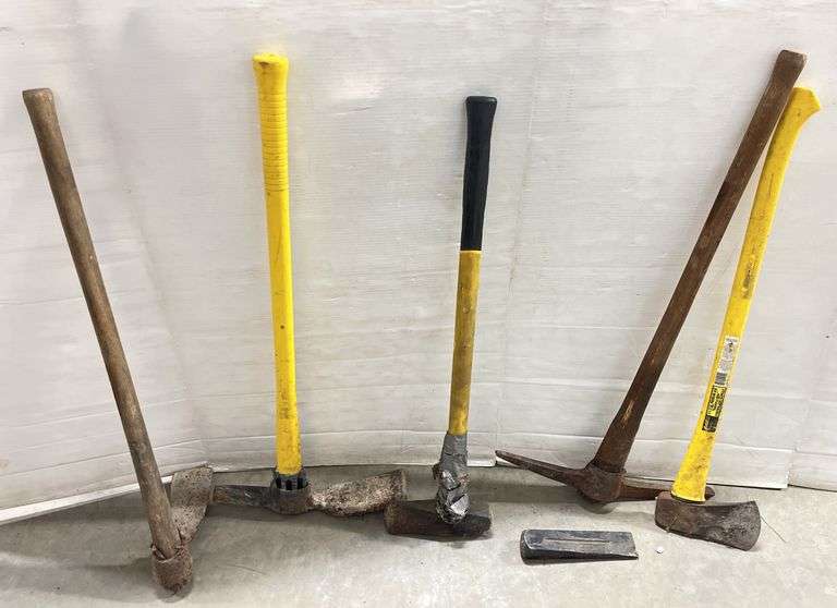 Pick axe, mattock, (2) axes, and large hoe for gardening and wedge, 34 ...