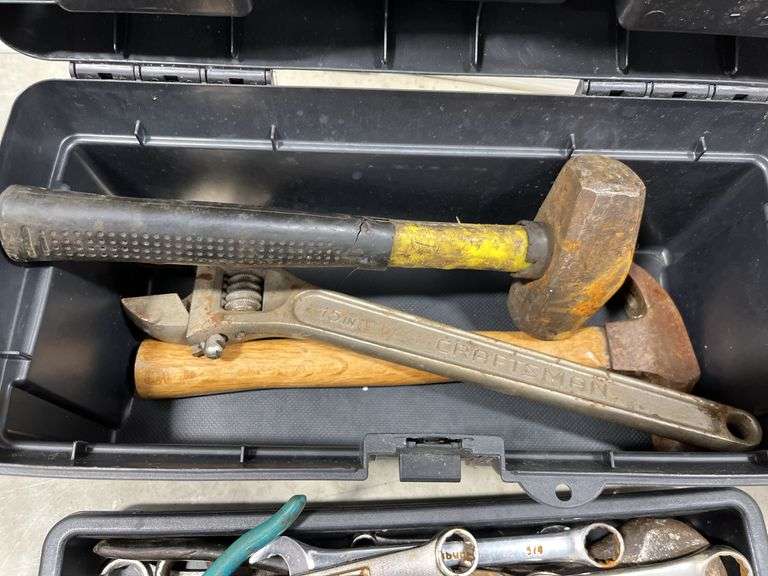 Stanley tool box with tools, includes: Hammers, wrenches, and pliers ...