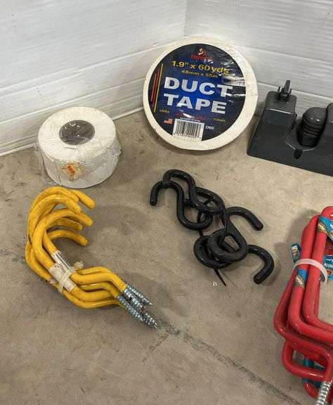 (4) Rolls of sealed duct tape, Garage hooks and wall mount hook with ...