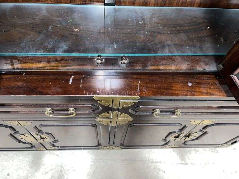 Bernhardt wooden brown and gold china cabinet, two-piece, 61"W x 17"D x ...