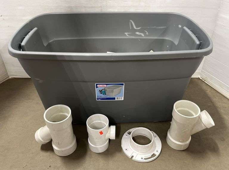 PVC fittings, all different sizes, with Sterilite 30-gallon tote with ...