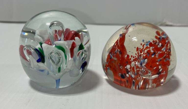 (2) Art glass controlled bubble paperweights, up to 2 1/4"H, good ...