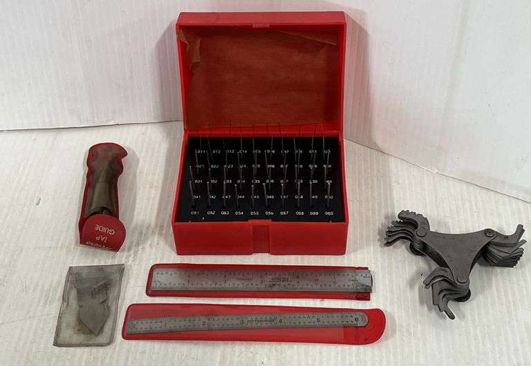 Pittsburgh steel ruler, 6"; SPI steel ruler, 6"; Starrett thread gauge ...