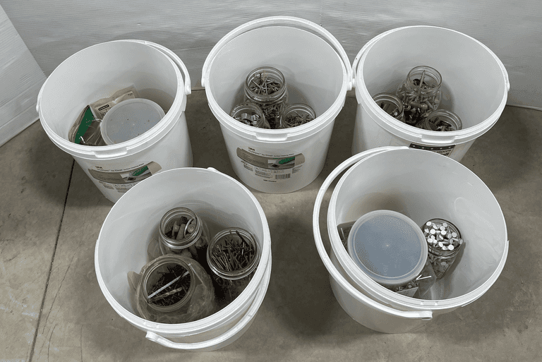 (5) White buckets with lids, containe jars and plastic containers of ...