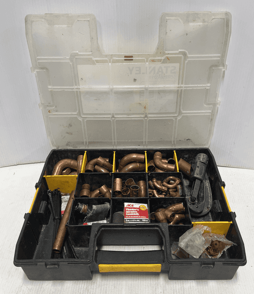 Stanley organizer, copper plumbing pipes and pipe cutter inside, box ...