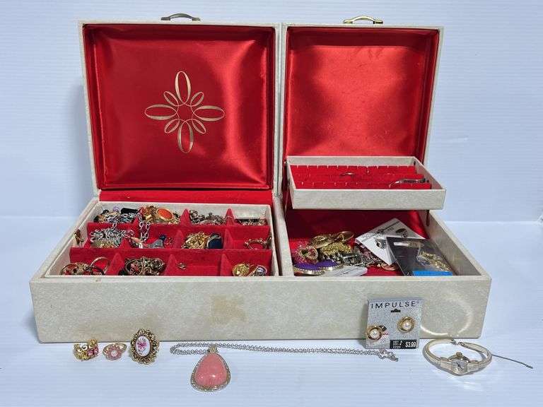 Jewelry box full of unsorted jewelry, box- 16"W x 8 1/2"D x 4"H; Except where specifically noted ...