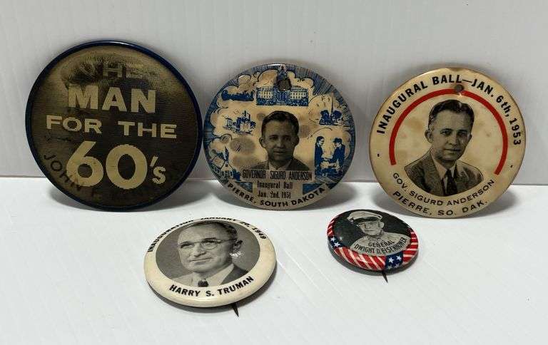 Political buttons, includes: JFK, Truman, and Eisenhower, up to 2 1/2 ...