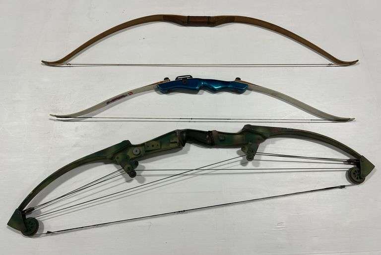 (3) Bows, include: Scamp II bow, blue handle, 44 1/2"L; Wooden recurve ...