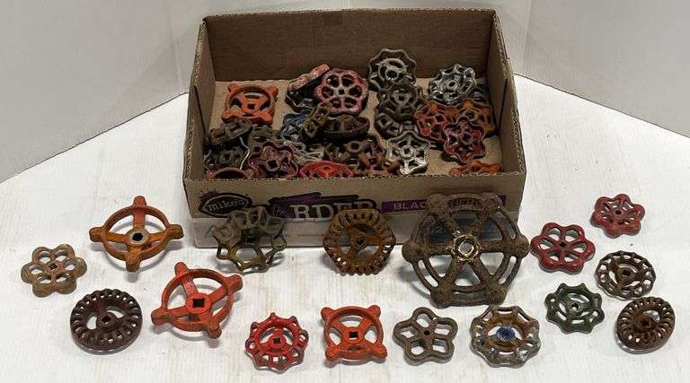 (50) Older metal valve handles, for reuse or repurpose, assorted sizes ...