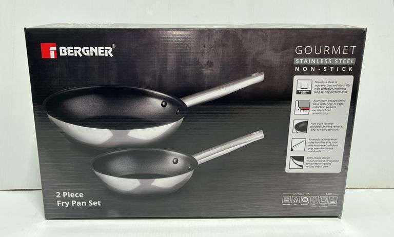 Bergner Gourmet stainless steel 2-piece fry pan set, box- 18 3/4"L, NIB ...
