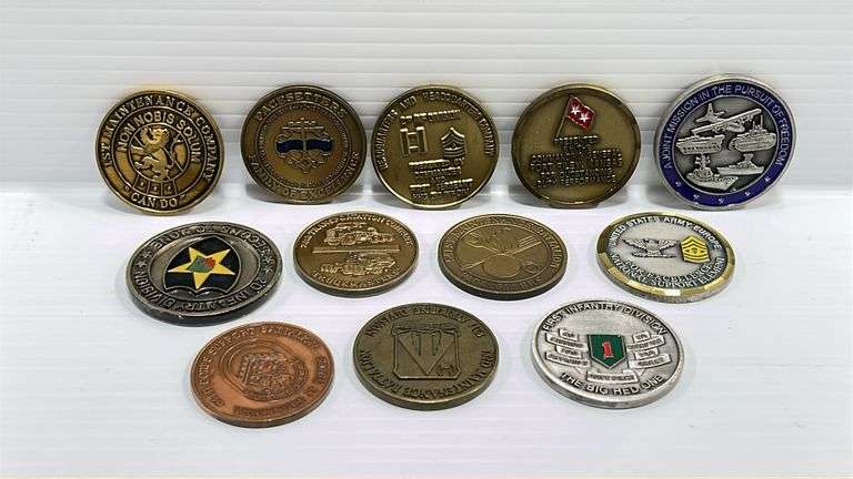 (12) US military service and duty coins, challenger coins, and mission ...