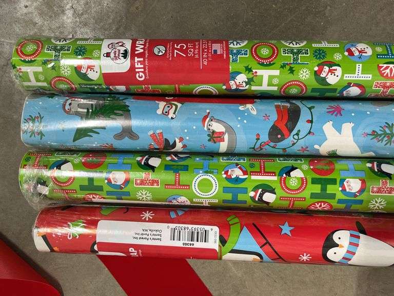 (4) 75'L Holiday Gift Wrap, mostly red 25W light bulbs, and assortment ...